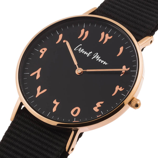 Arabic Numeral Watch | Black Nato & Rose Gold | Crscnt Moon